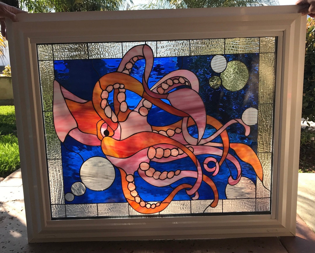 Squid & Bubbles Stained Glass Window Panel Vinyl Framed and Insulated ...