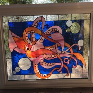 Squid & Bubbles Stained Glass Window Panel Vinyl Framed and Insulated ...