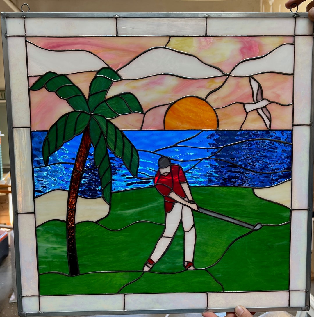 Pebble Beach Golfer Leaded Stained Glass Window Panel, Hangings - Golf ...