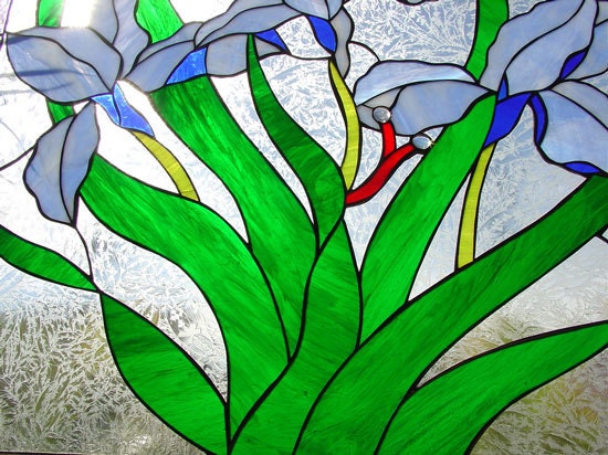 Blue Iris, Butterfly Stained Glass Window Panel - Flower Glass Art Home ...