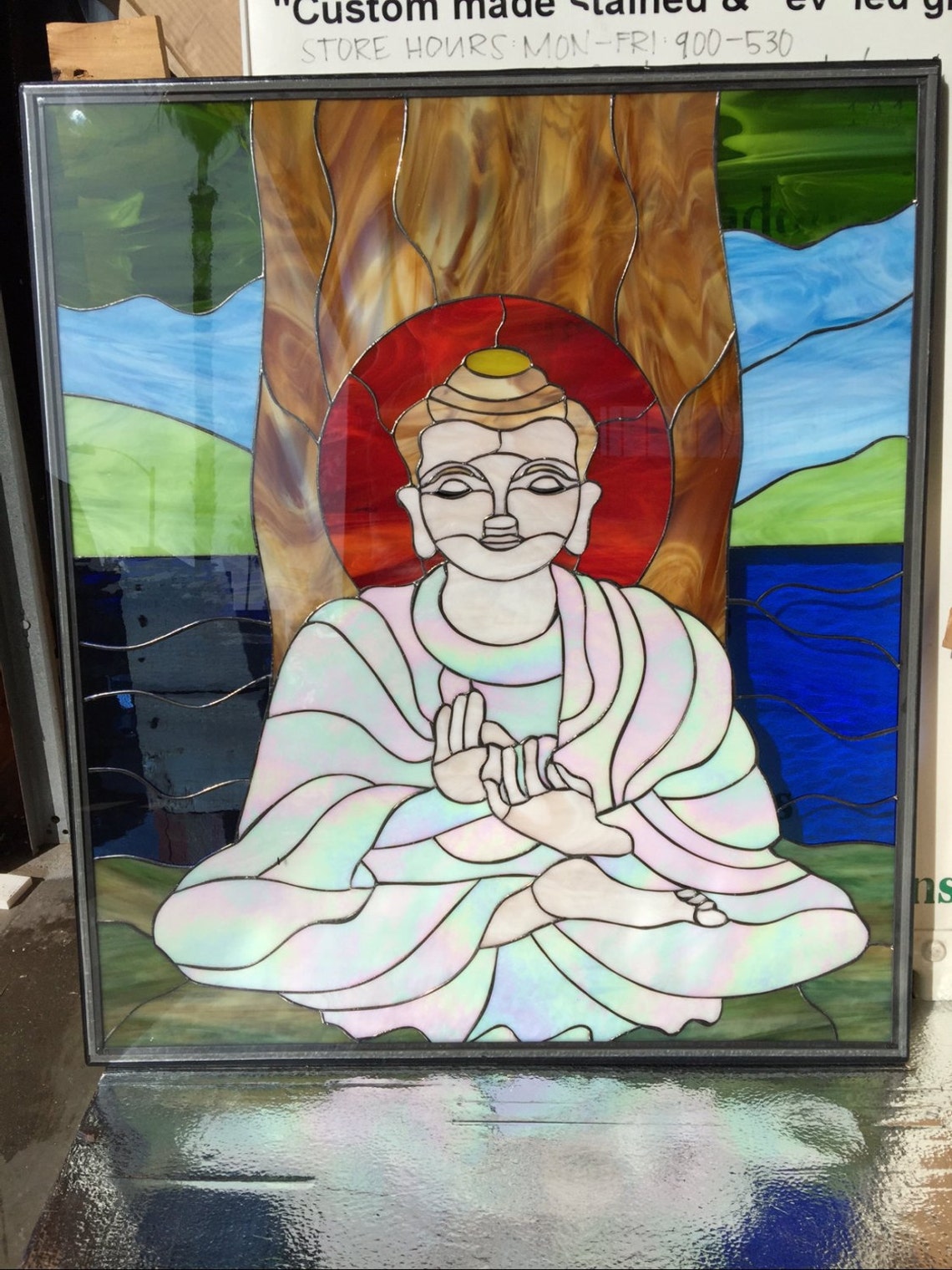 Iridescent Buddha Stained Glass Window Panel Hangings Zen | Etsy