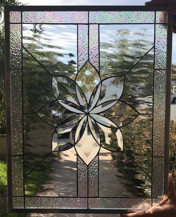 Clear Beveled Stained Glass Window Panel Irvine Waterglass Clear Glass Art Decor Geometric Waterglass Modern Customizable Item 7100
