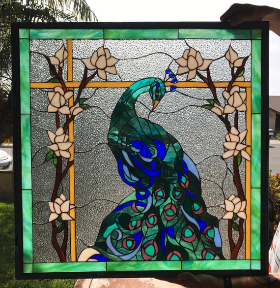 Peacock Magnolia Flowers Stained Glass Window Panel Hangings Stained Glass Peacock Art With Flowers Feathers Customizable Item 10014