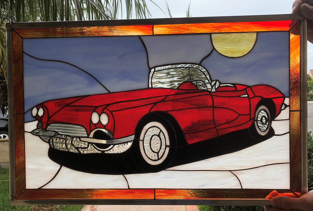 Awesome Classic Corvette Stained Glass Window Panel - Custom Made Red ...