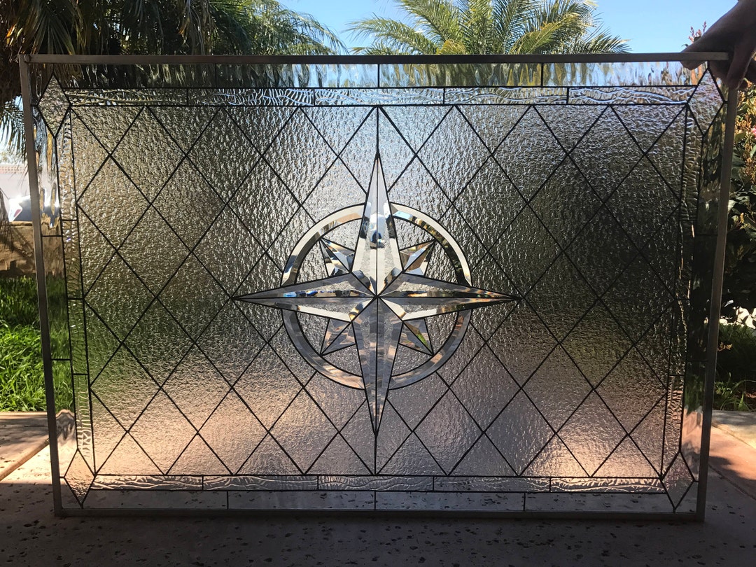 Clear Beveled Compass Rose Stained Glass Window Panel, Hangings - Tudor ...
