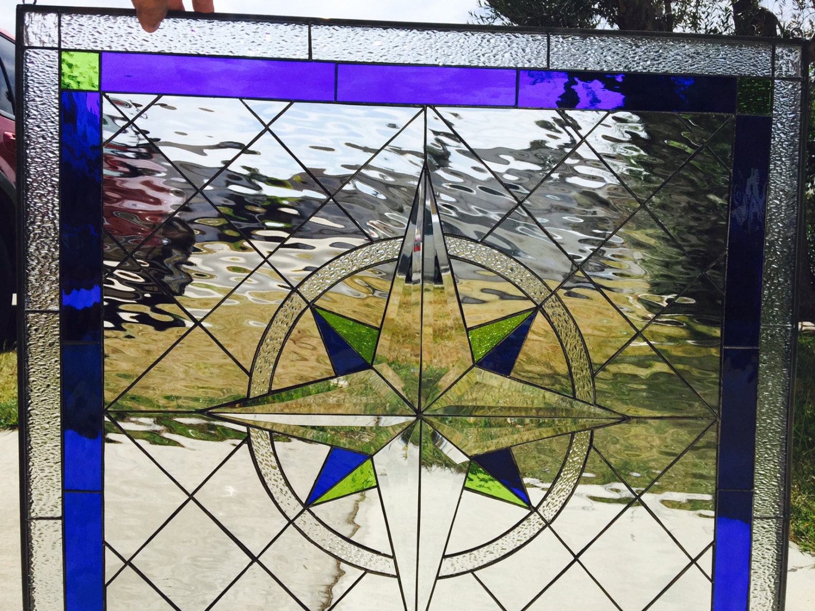 Classic Diamonds & Compass Rose Stained Glass Window Panel | Etsy