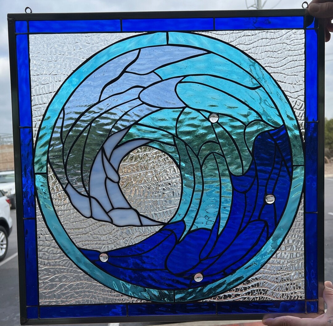 Cresting Wave Stained Glass Window Panel, Hangings #3 - Ocean Wave Blue ...