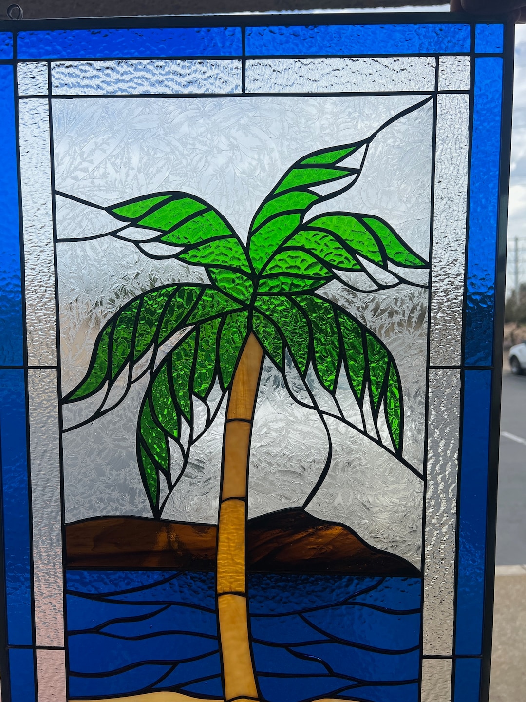Palm Tree Stained Glass Window Panel Hangings - Coastal Beach Coconut ...