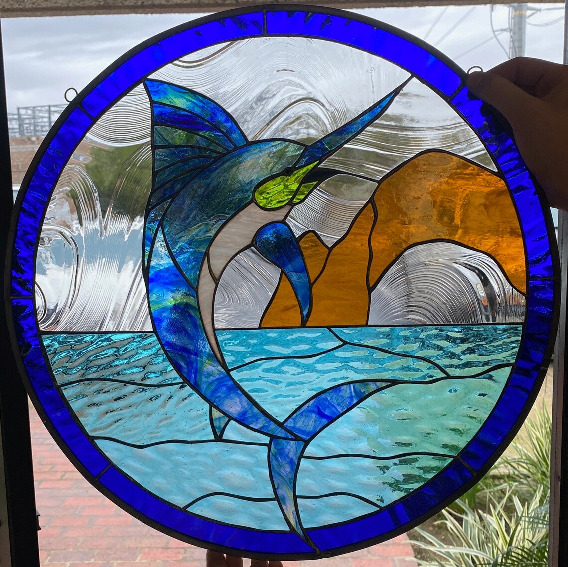 Thrashing Marlin in Cabo San Lucas Stained Glass Window Panel, Hangings ...