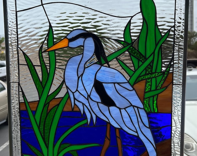 Custom Blue Heron Stained Glass | Coastal Window Panel | Waterglass ...