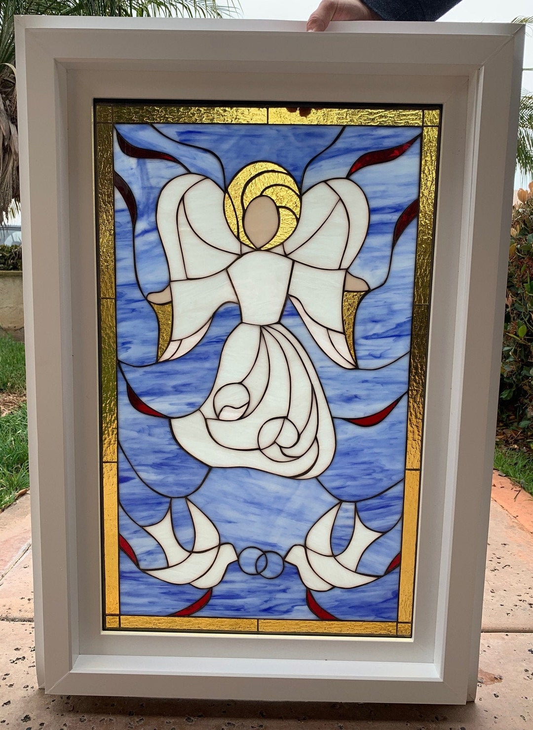 Divine Angel and Doves Stained Glass Window With Frame - Religious ...