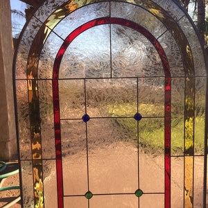 Arched Stained Glass Panel With Clear Geometric Shapes and Jewels With ...
