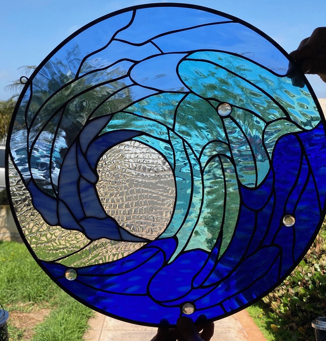 Stained Glass Ocean Waves Panel, Hangings or Suncatcher- Rounded 19 ...