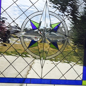 Classic Diamonds & Compass Rose Stained Glass Window Panel - Clear ...
