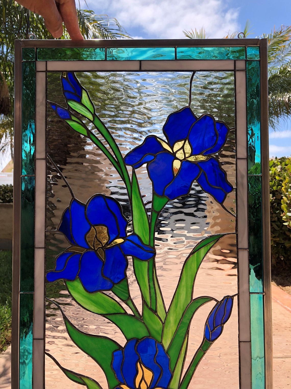 Iris Stained Glass Window, Panel, Hangings - Iris Flowers, Buds - Clear ...