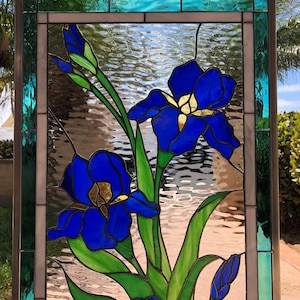 Iris Stained Glass Window, Panel, Hangings - Iris Flowers, Buds - Clear ...