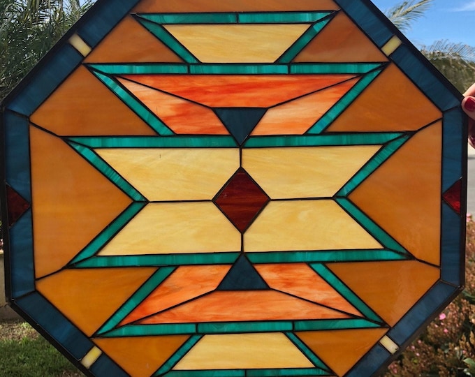 Octagon Stained Glass Window Panel Navajo Southwestern Vintage ...