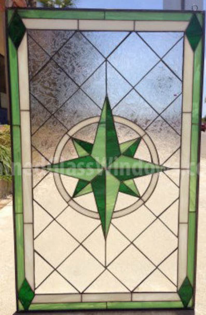 Compass Rose Stained Glass Window, Panel - Redondo Rectangle Green ...