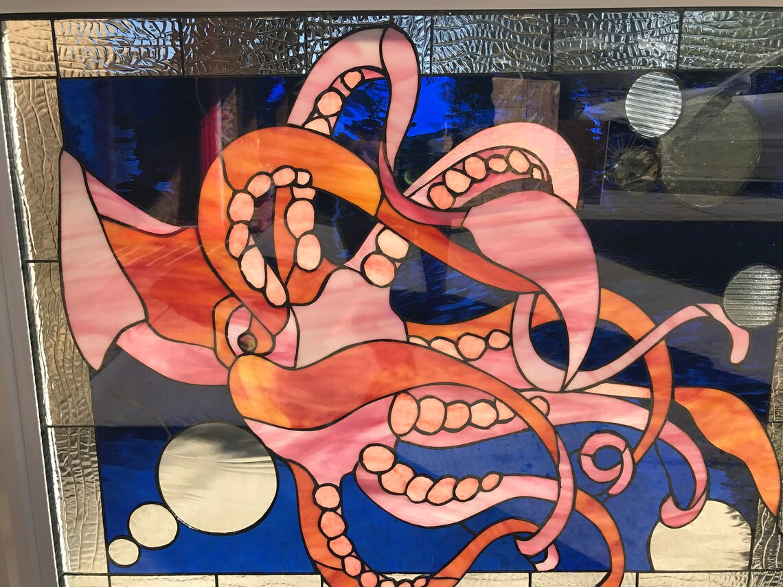 Squid & Bubbles Stained Glass Window Panel Vinyl Framed and | Etsy