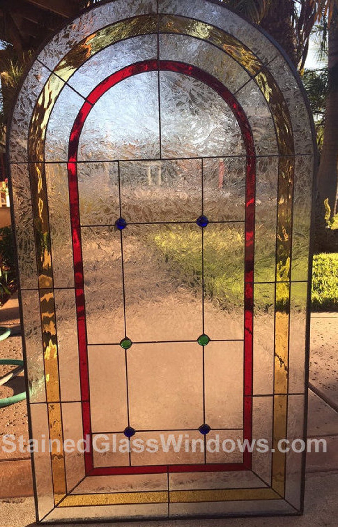 Arched Stained Glass Panel With Clear Geometric Shapes and Jewels With ...