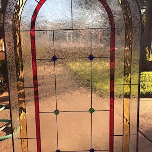 Arched Stained Glass Panel With Clear Geometric Shapes and Jewels With ...