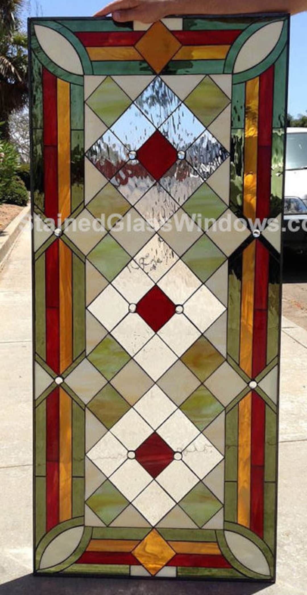 Geometric Stained Glass Diamond Window Panel, Hangings, Transom ...