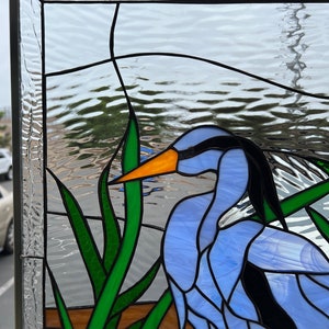 The Great Blue Heron Leaded Stained Glass Window Panel, Hangings ...