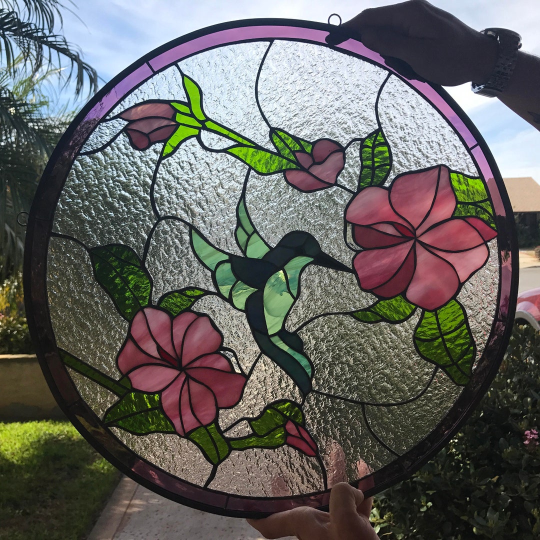 Hummingbird & Hibiscus Flowers Stained Glass Panel Suncatcher - Pink ...
