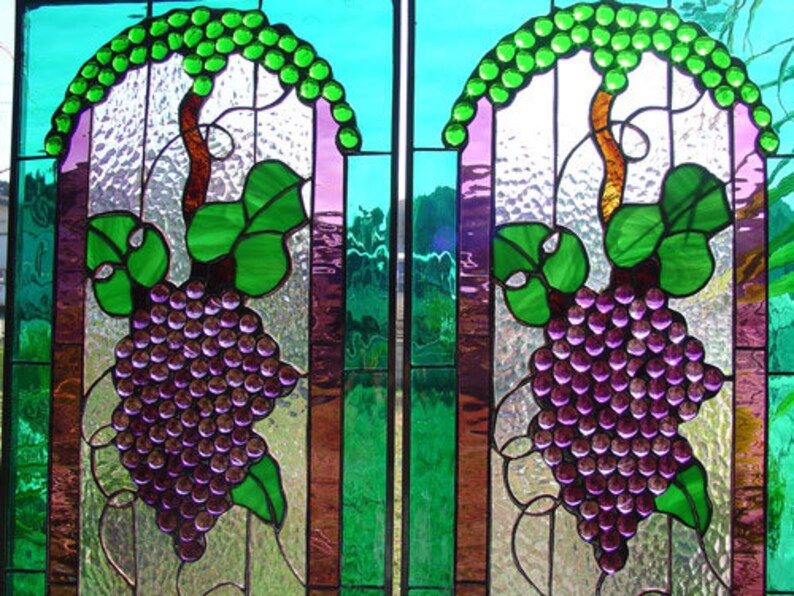 Pair of Grapes & Jewels Diamond Leaded Stained Glass Window - Etsy