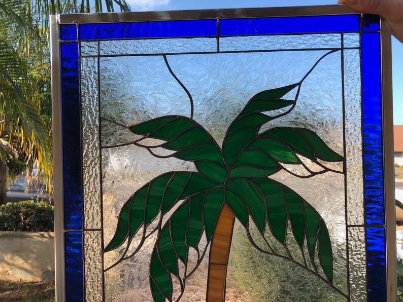 Palm Tree Stained Glass Window Panel Hangings Coastal Beach | Etsy