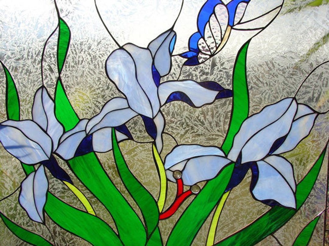 Blue Iris, Butterfly Stained Glass Window Panel - Flower Glass Art Home ...