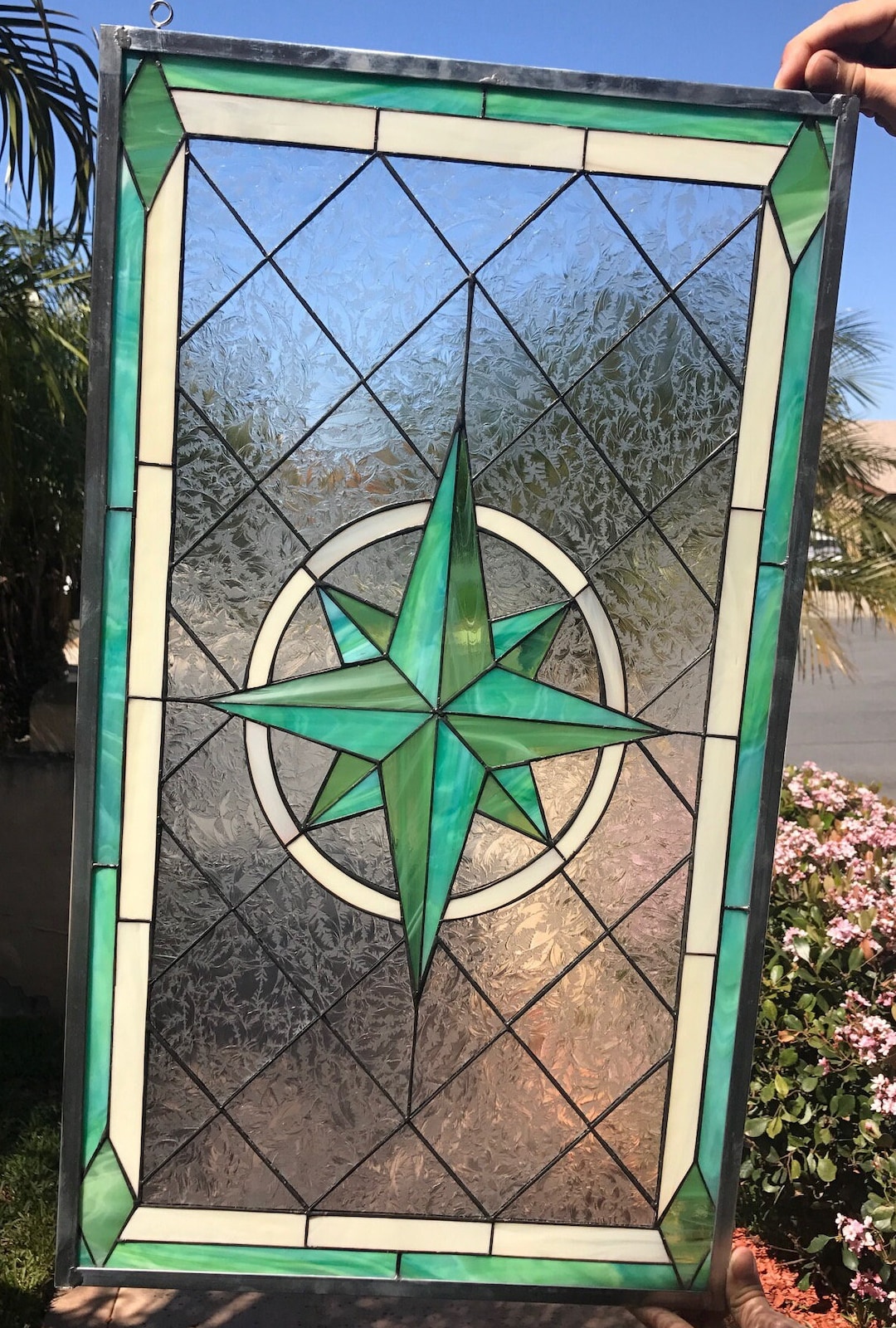 Aqua Compass Rose Stained Glass Window Panel - Window Privacy ...