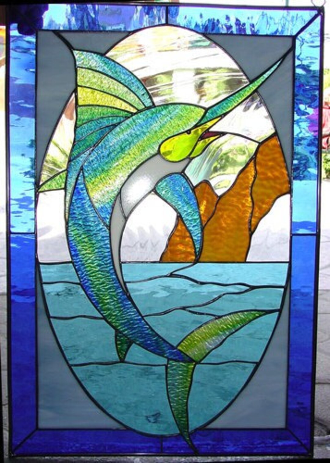 Thrashing Marlin Fish Stained Glass Window Panel, Hangings - Leaded ...