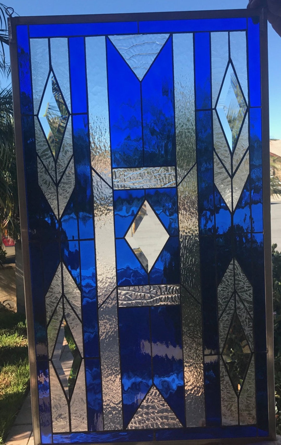 Stunning Geometric Diamond Stained & Beveled Glass Window Panel ...