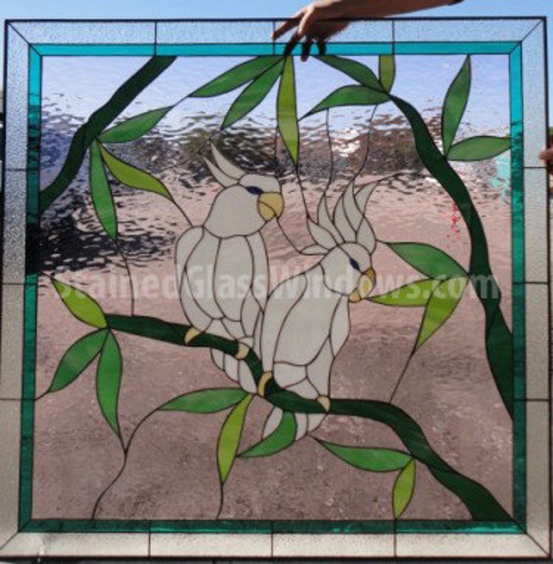 Cockatoo Parrots Stained Glass Window Panel, Hangings - Two White Birds ...