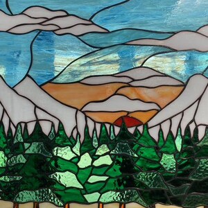 Sunset, Pine Trees, & Snowy Mountains Stained Glass Window ...