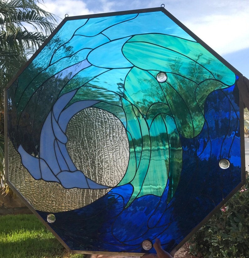 Octagon Ocean Wave Leaded Stained Glass Window Panel Blue | Etsy