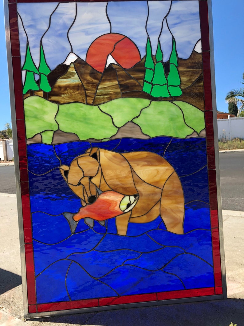 Bear Catching A Humpy Salmon Fish In Alaska Stained Glass | Etsy
