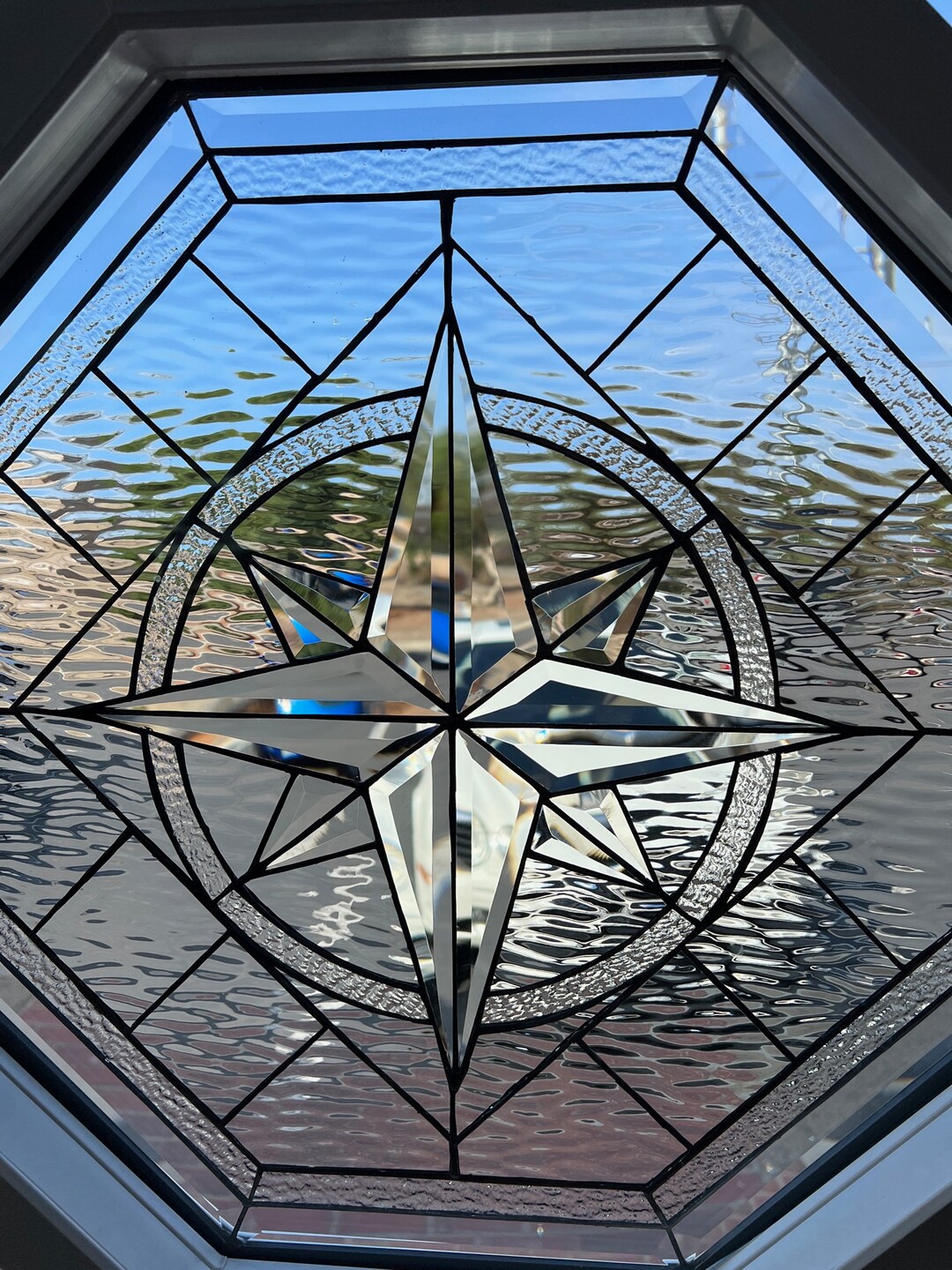 Octagon Compass Rose Beveled Stained Glass Window Panel Insulated & Pre ...