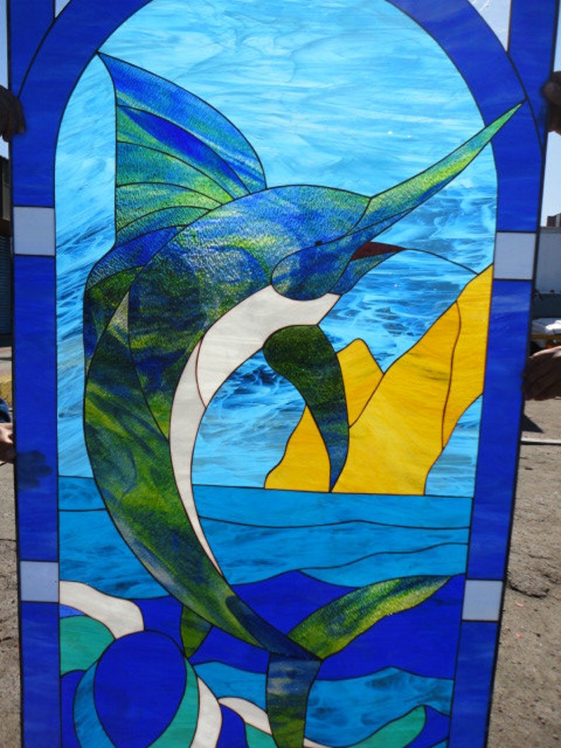 Thrashing Marlin Fish Stained Glass Window Panel Hangings | Etsy