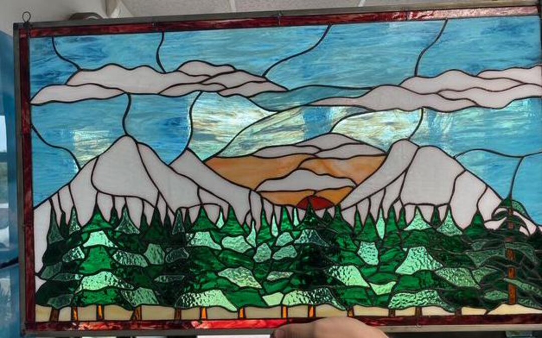 Sunset, Pine Trees, & Snowy Mountains Stained Glass Window ...