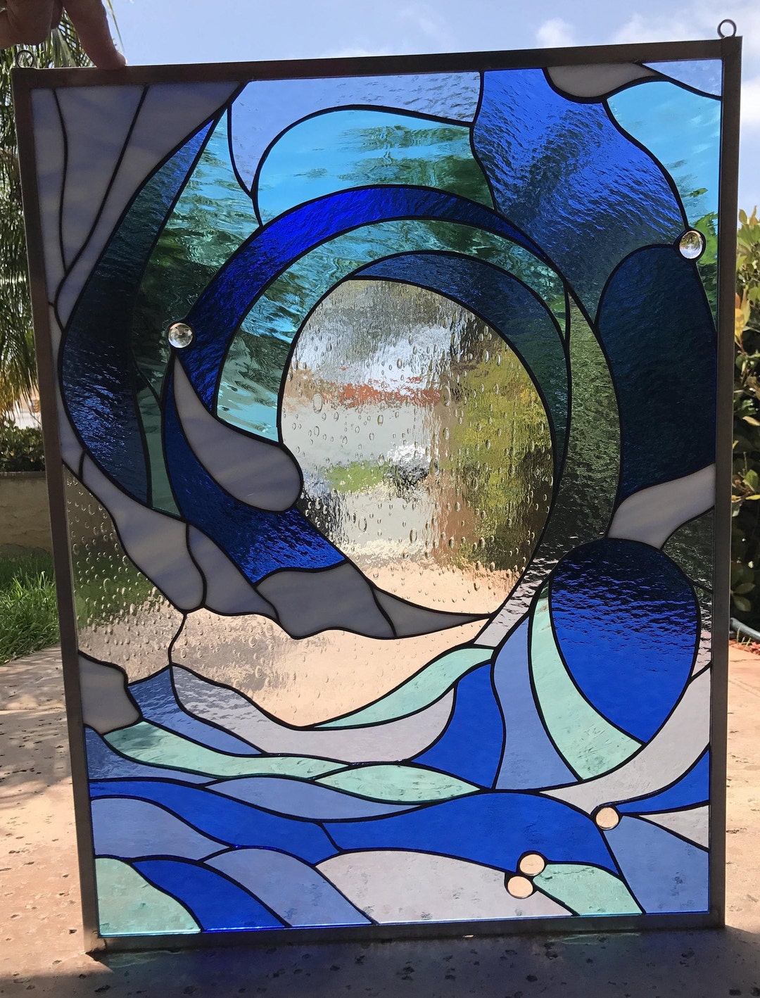 Cresting Wave #3 Leaded Stained Glass Window Panel Cabinet Insert ...