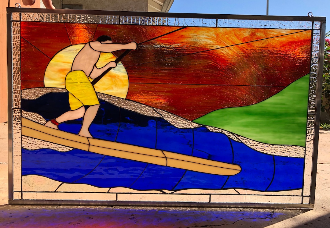 Hawaiian Paddler Board Surfer Stained Glass Window Panel - Ocean ...