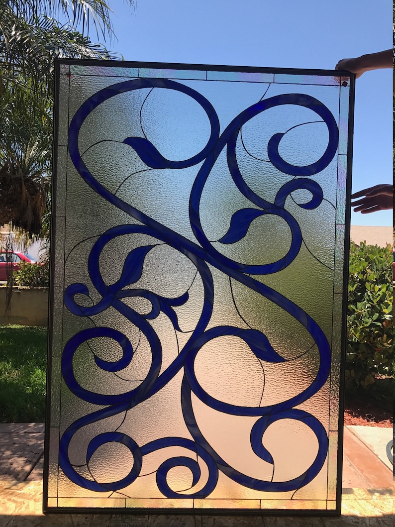 Cobalt Blue Scrolls and Ribbons Window Panel - Cobalt Blue Scrolls and ...