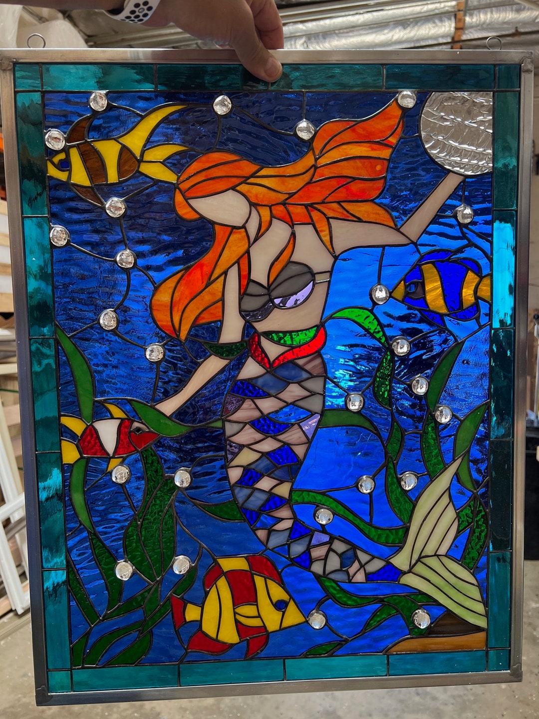 Mermaid & Jewels Stained Glass Window Panel, Hangings - Stained Glass ...