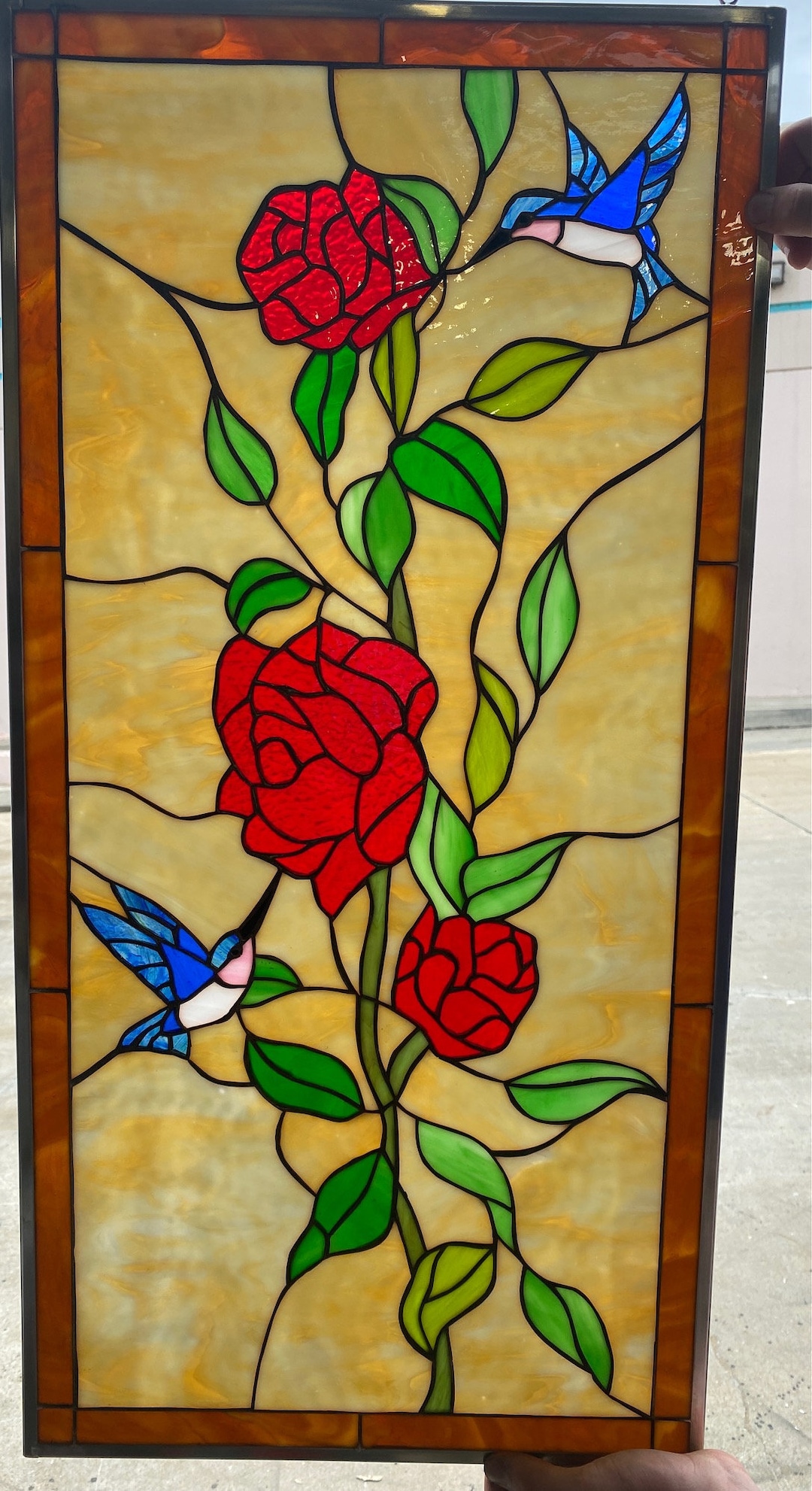 Hummingbird & Red Roses Leaded Stained Glass Window Panel, Hangings ...