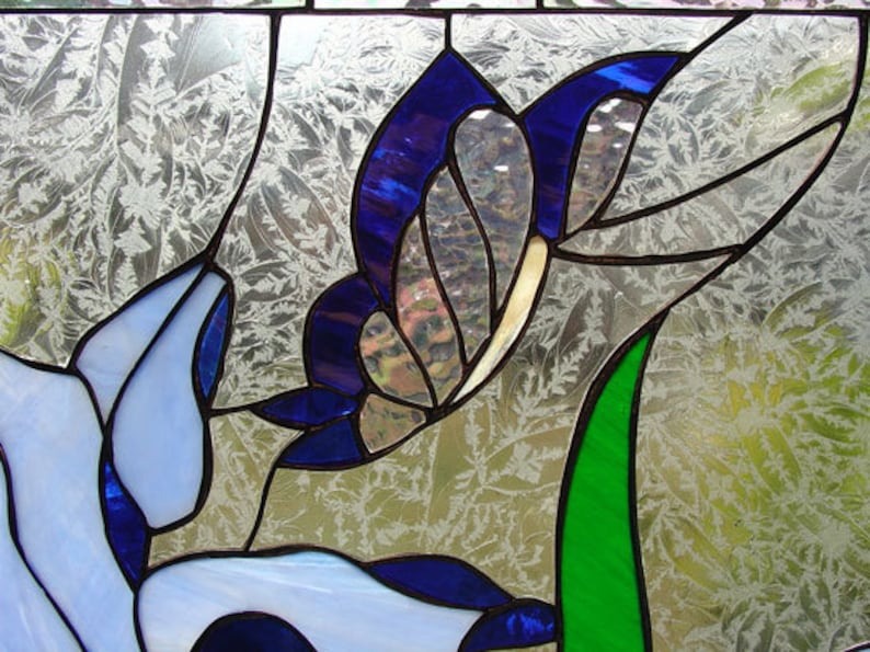 Blue Iris, Butterfly Stained Glass Window Panel - Flower Glass Art Home ...