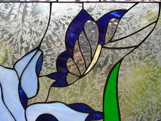 Blue Iris, Butterfly Stained Glass Window Panel - Flower Glass Art Home ...