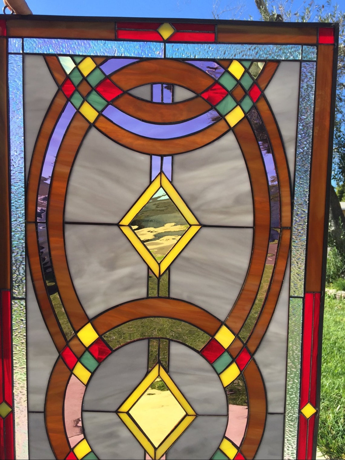 Colorful Geometric Stained Glass Window Panel, Transom - Foster ...