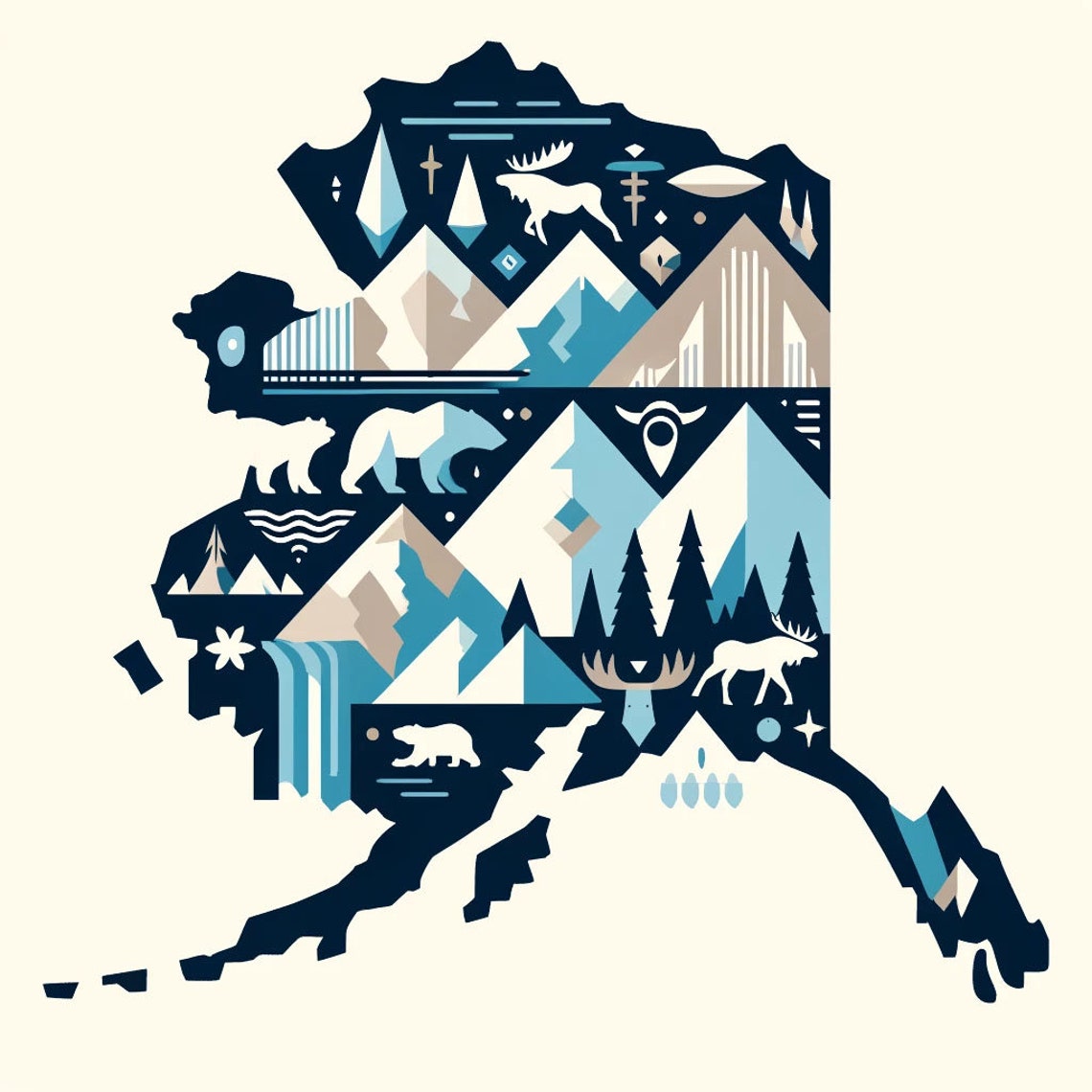 Mid-century Modern Alaska Art Print: Geometric State Map (digital ...